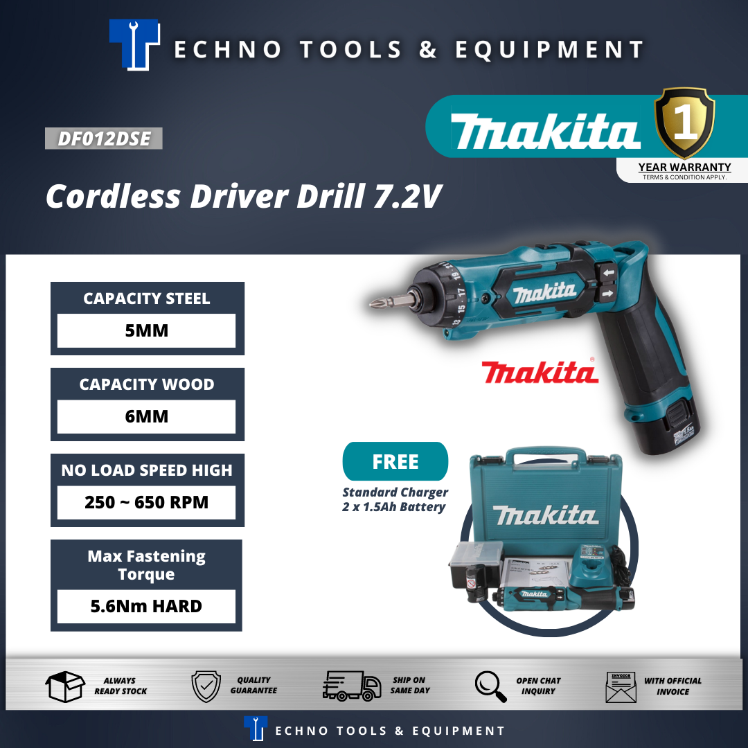 MAKITA DF012DSE Cordless Driver Drill 7.2V - 1 Year Warranty – Techno Tools & Equipment