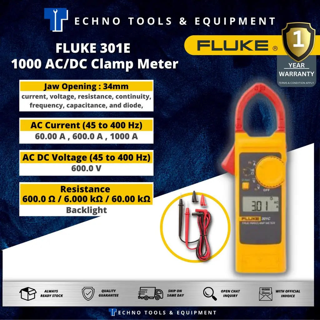 Fluke 301E Clamp Meter | 1000A AC/DC Tester with Multi-Function ...
