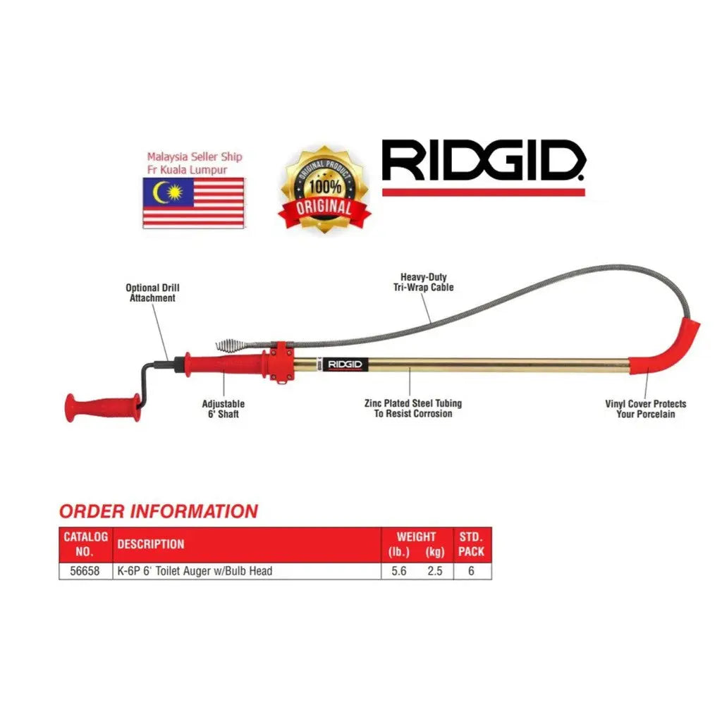 RIDGID K-6P (56658) 6 ft. Toilet Auger with Bulb Head and Heavy Duty C ...