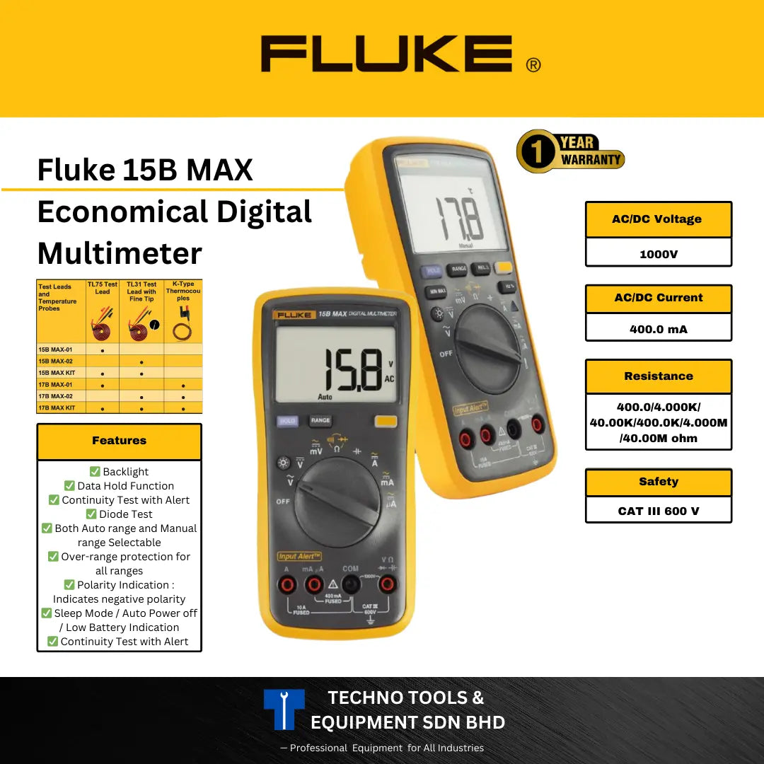 Fluke 15B MAX-01 / MAX-02 / MAX-KIT Economical Digital Multimeter; Cap ...