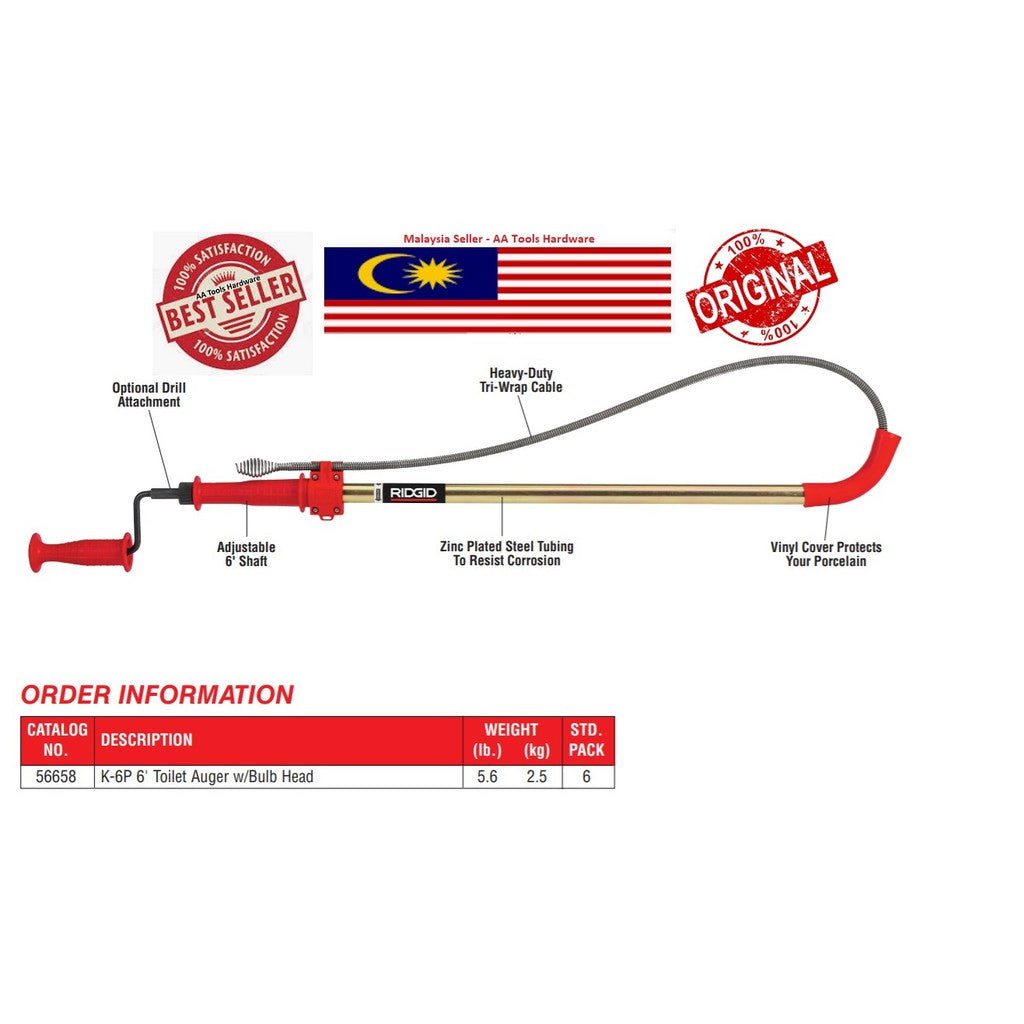 RIDGID K-6P (56658) 6 ft. Toilet Auger with Bulb Head and Heavy Duty C – Techno Tools & Equipment