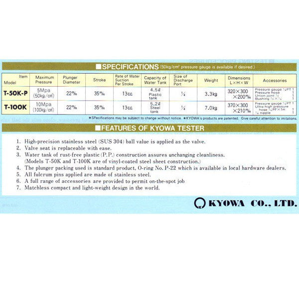 KYOWA T-50K-P / T-100K Hydraulic Pressure Hand Test Pump (Made in Japa ...