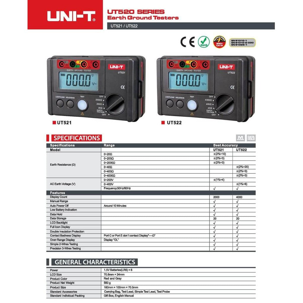 UNI-T UT521 UT522 Digital Earth Tester Earth Ground Insulation Resista ...