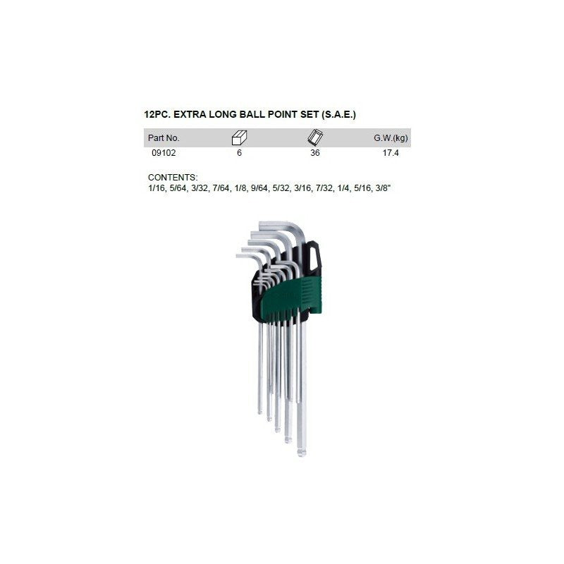 SATA 09106 12Pc. Long Arm Ball Point Hex Key Set, S.A.E. – Techno Tools ...