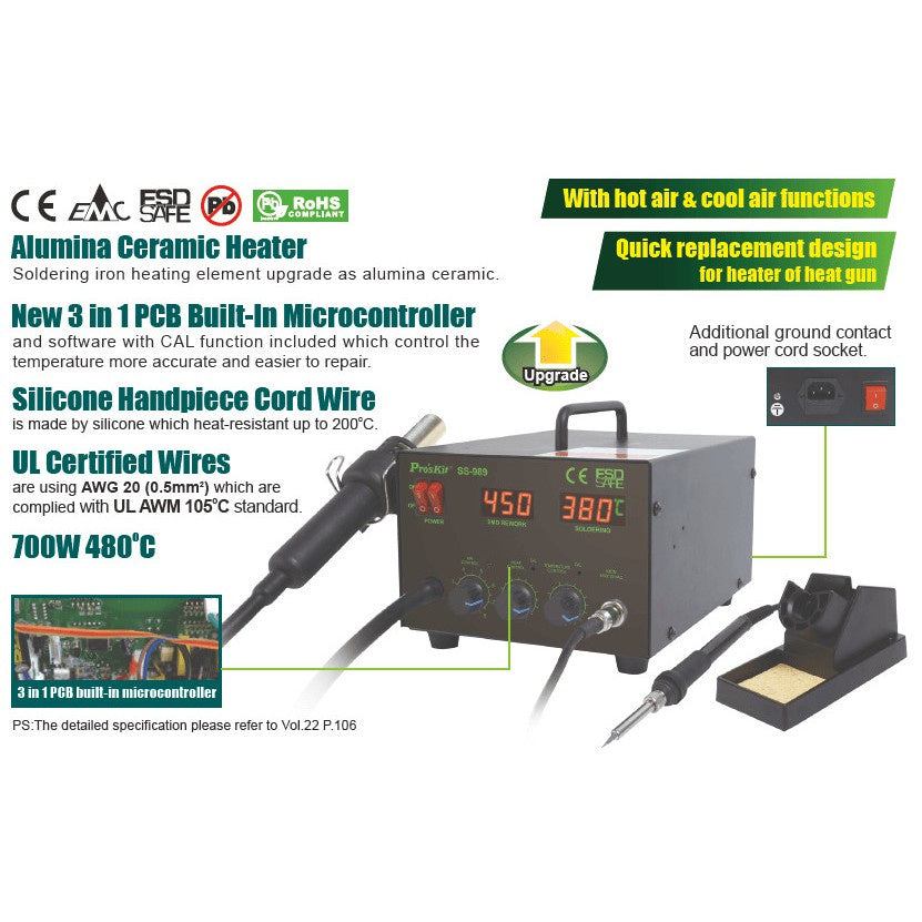PRO'SKIT SS-989B 2 In 1 SMD Hot Air Rework Station (AC 220~240V) 70W ...