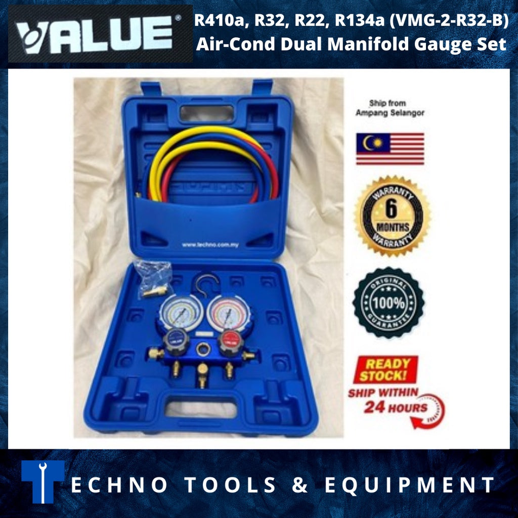 VALUE Air-Cond Dual Manifold Gauge Set R410a, R32, R22, R134a (VMG-2-R – Techno Tools & Equipment